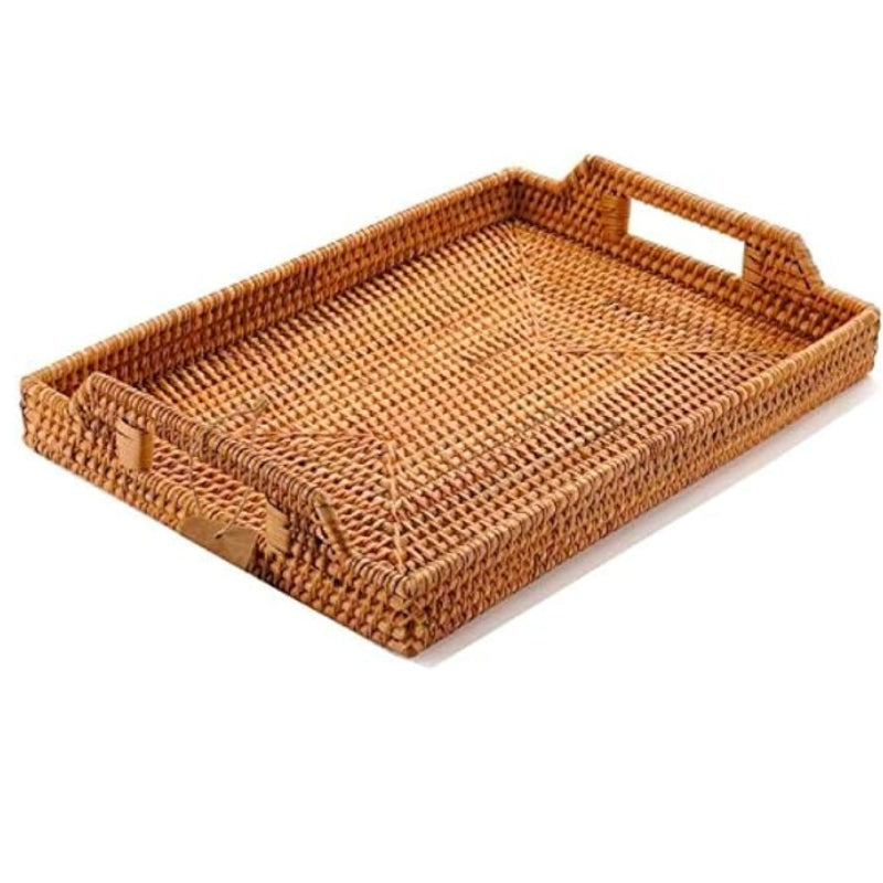 Hand-Woven Rattan Serving Tray with Handles for Breakfast, Drinks, Sna